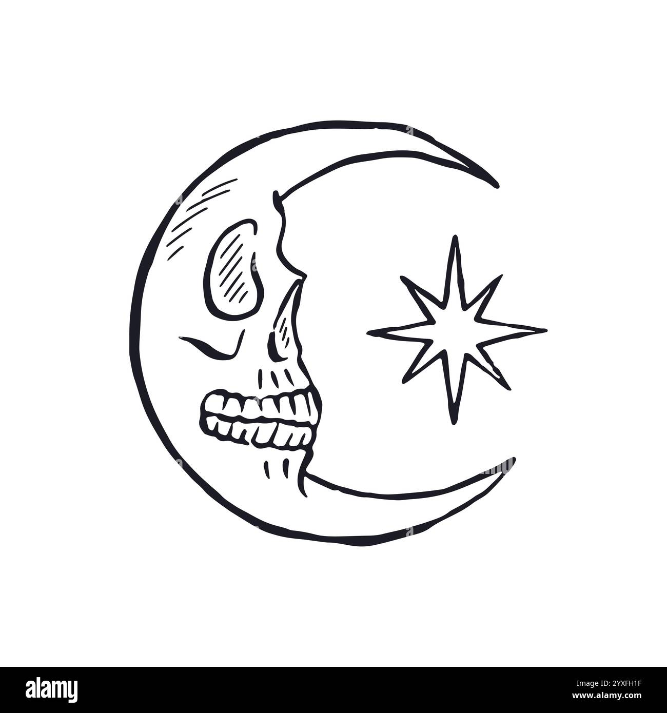 Hand drawn sketchy crescent moon with skull face and star isolated on ...