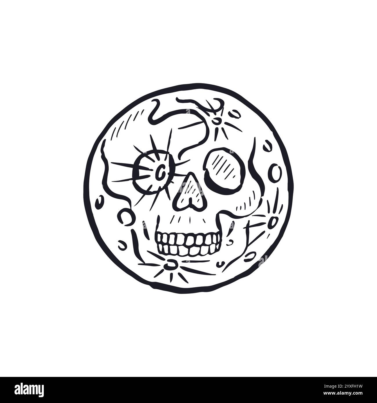 Hand drawn black and white sketchy full moon with skull face isolated ...
