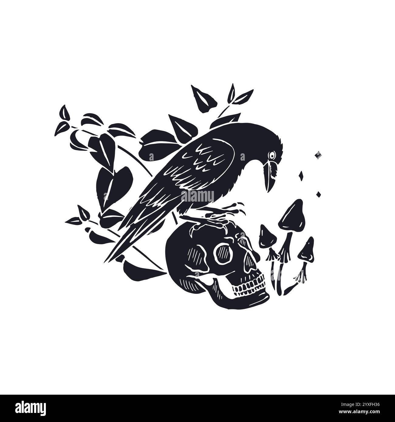 Hand drawn monochrome inky sketch style raven or crow sitting on human ...