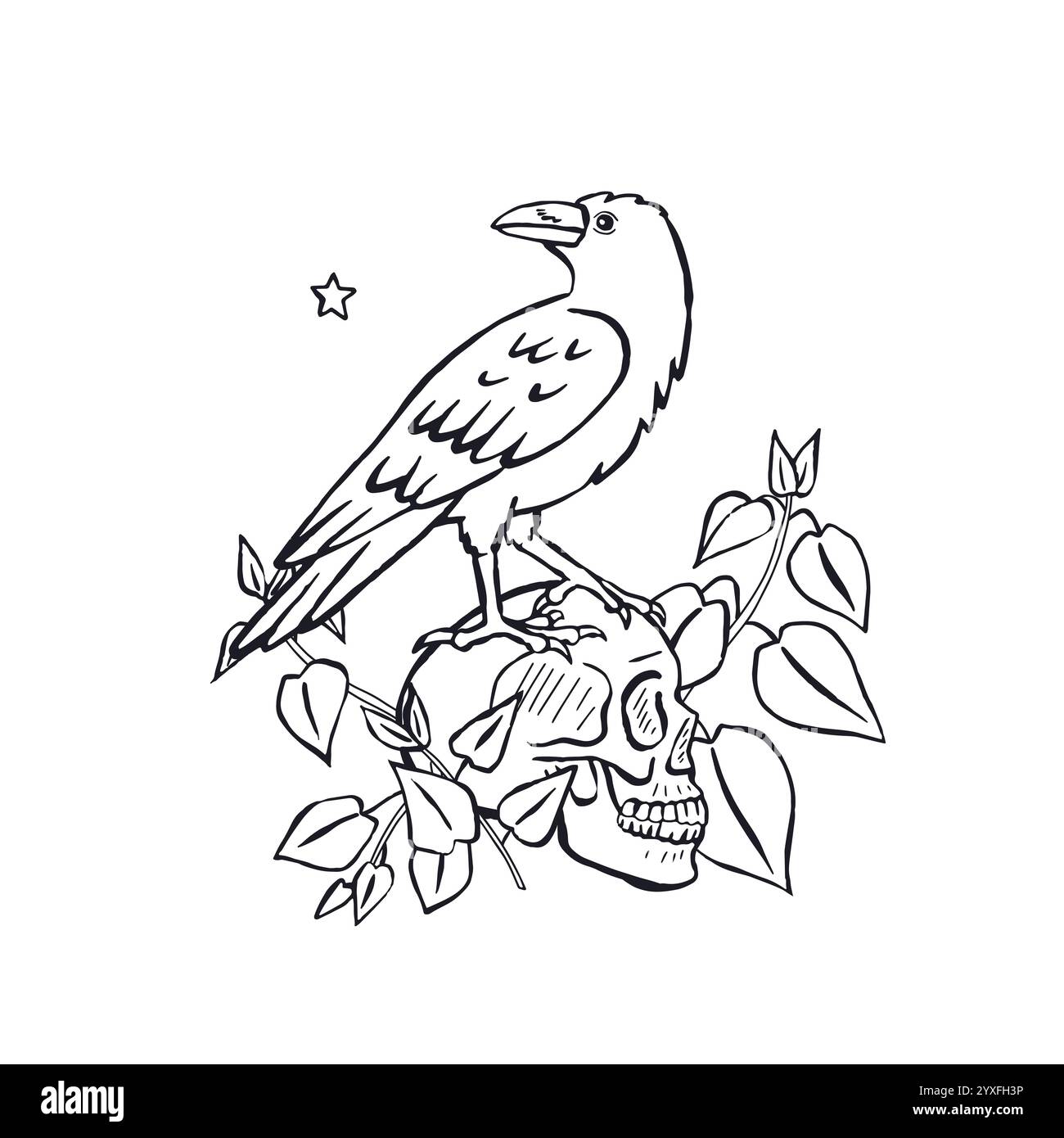 Hand drawn monochrome inky sketch style raven or crow sitting on human ...