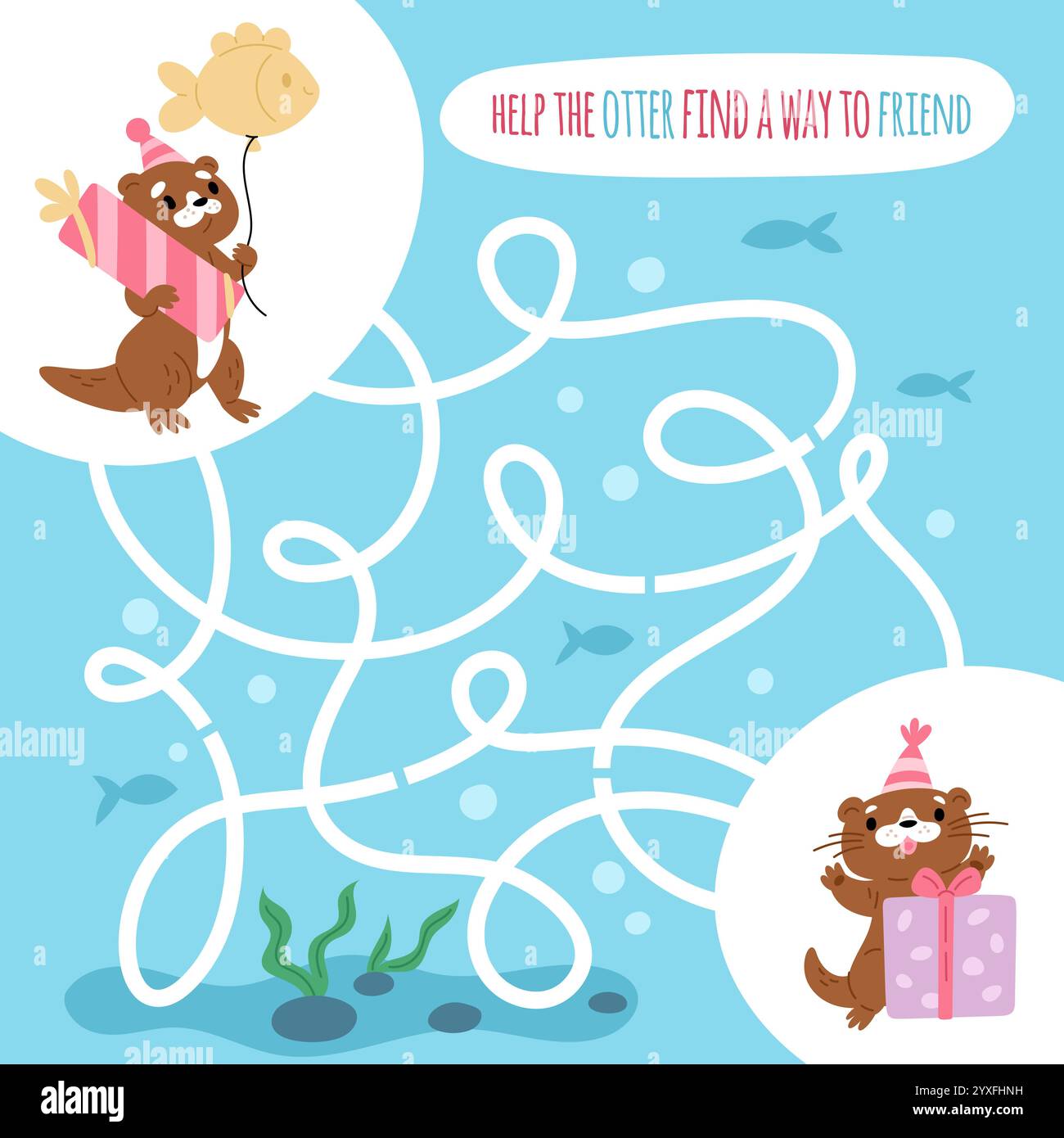 Cute maze game. Kids educational graphics with funny otters in ...