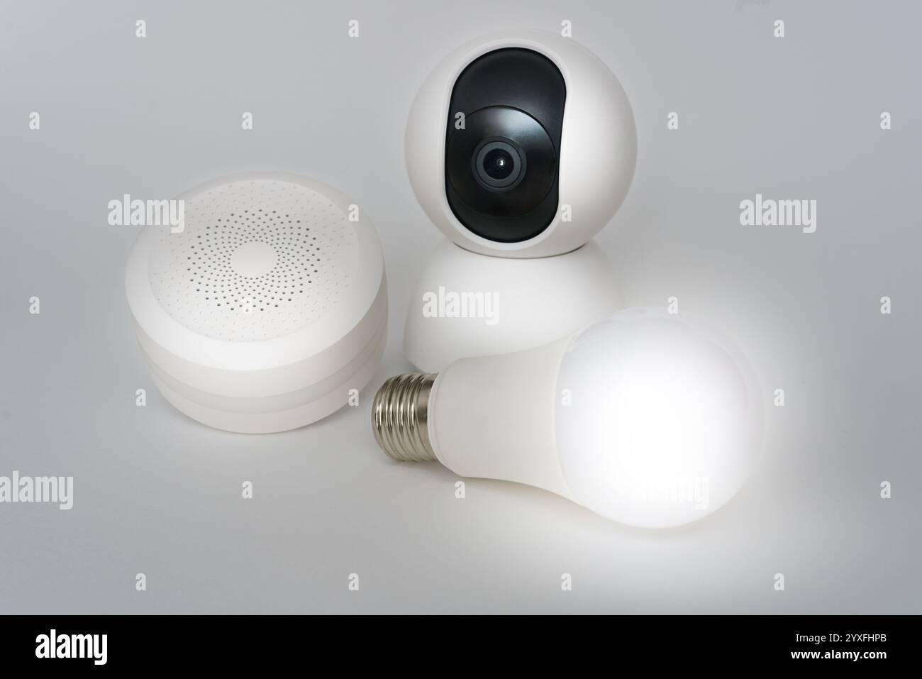 smart home devices monitoring camera light bulb gate separate on white ...