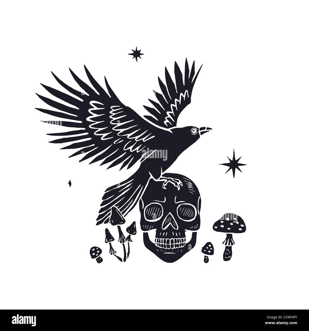 Hand drawn monochrome inky sketch style raven or crow sitting on human ...