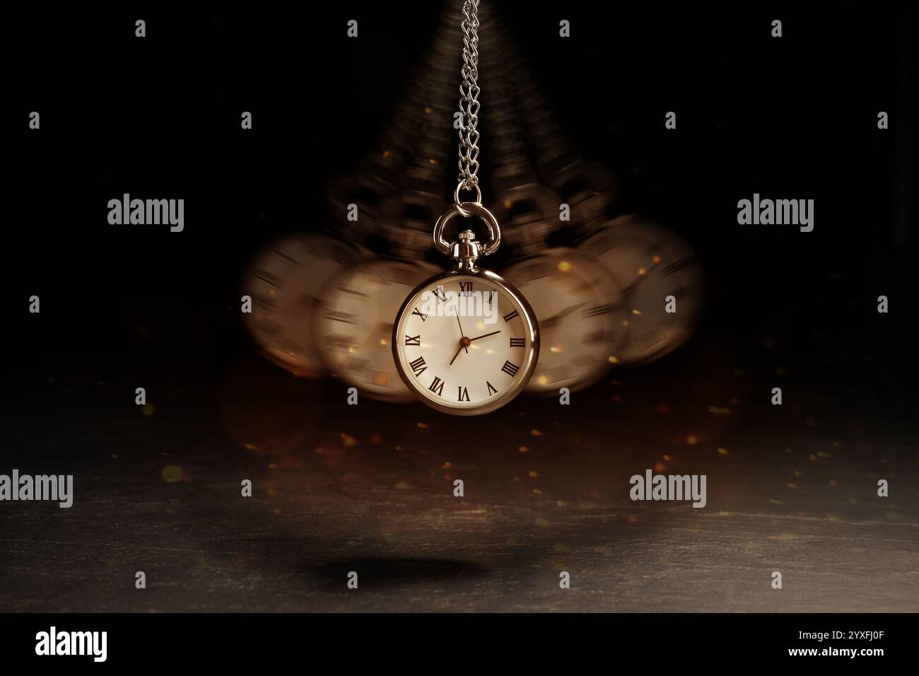 Hypnosis session. Vintage pocket watch swinging on black background ...