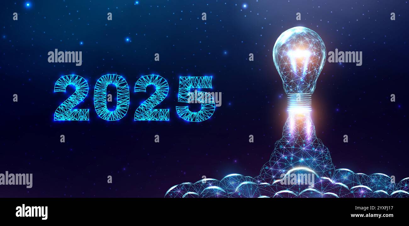 Bulb launch, wireframe polygonal style. 2025 start concept with glowing ...