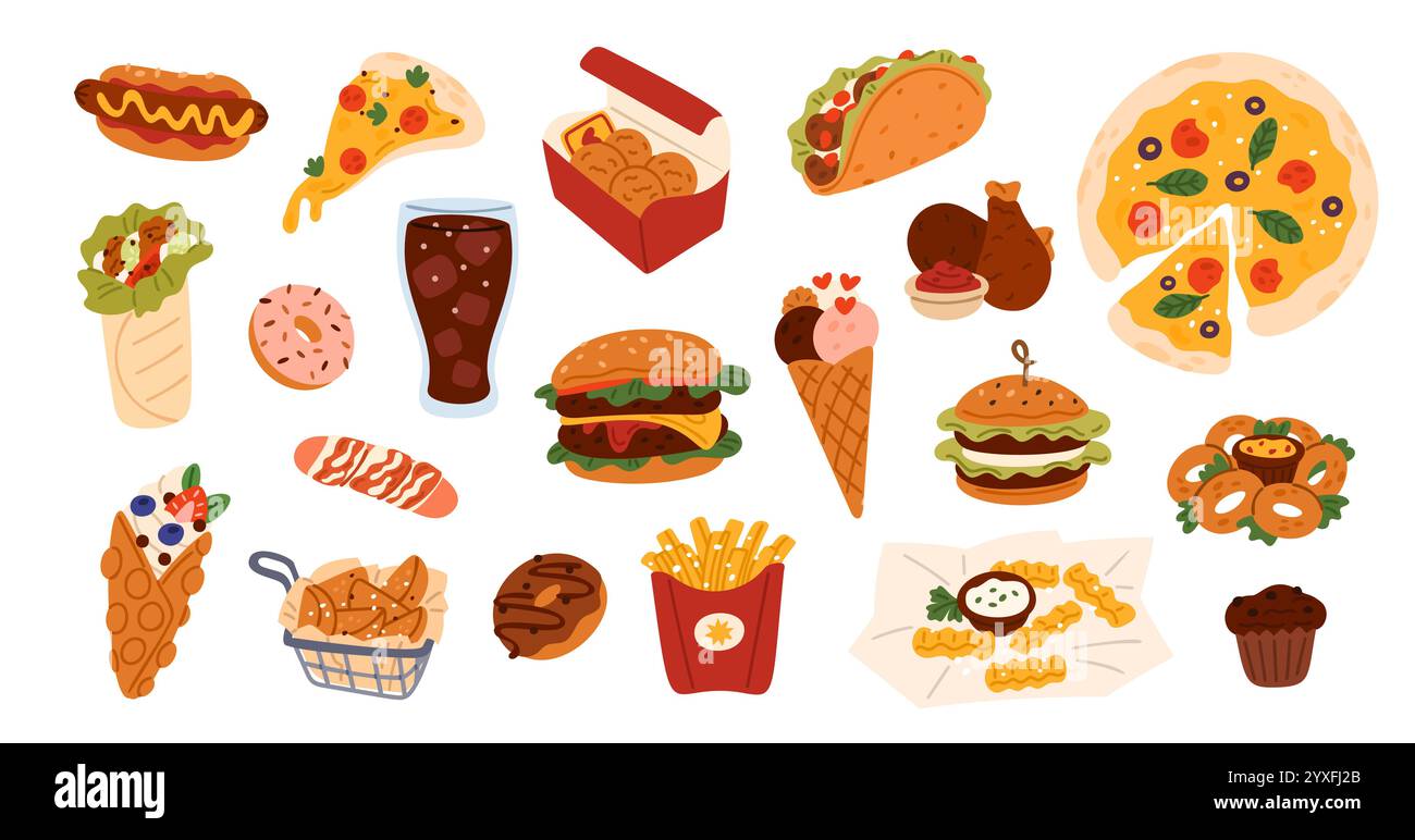 Cartoon fast food. Street meal. Junk snacks. Unhealthy products. Pizza ...