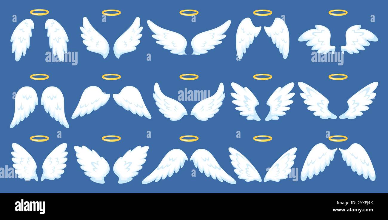Cartoon angel wings. Golden nimbus. Holy elements. Mystical birds parts ...