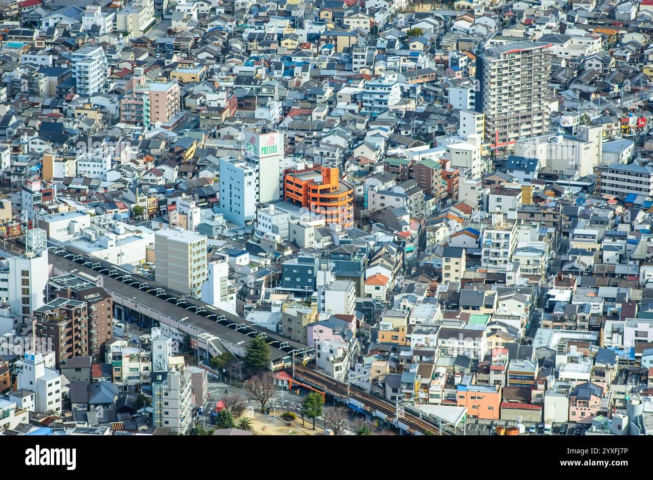 Downtown cityscape of Osaka, aerial view from Abeno Harukas skyscraper ...