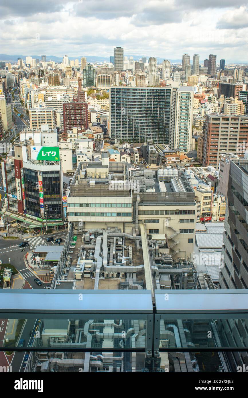 Downtown cityscape of Osaka, aerial view from Abeno Harukas skyscraper ...