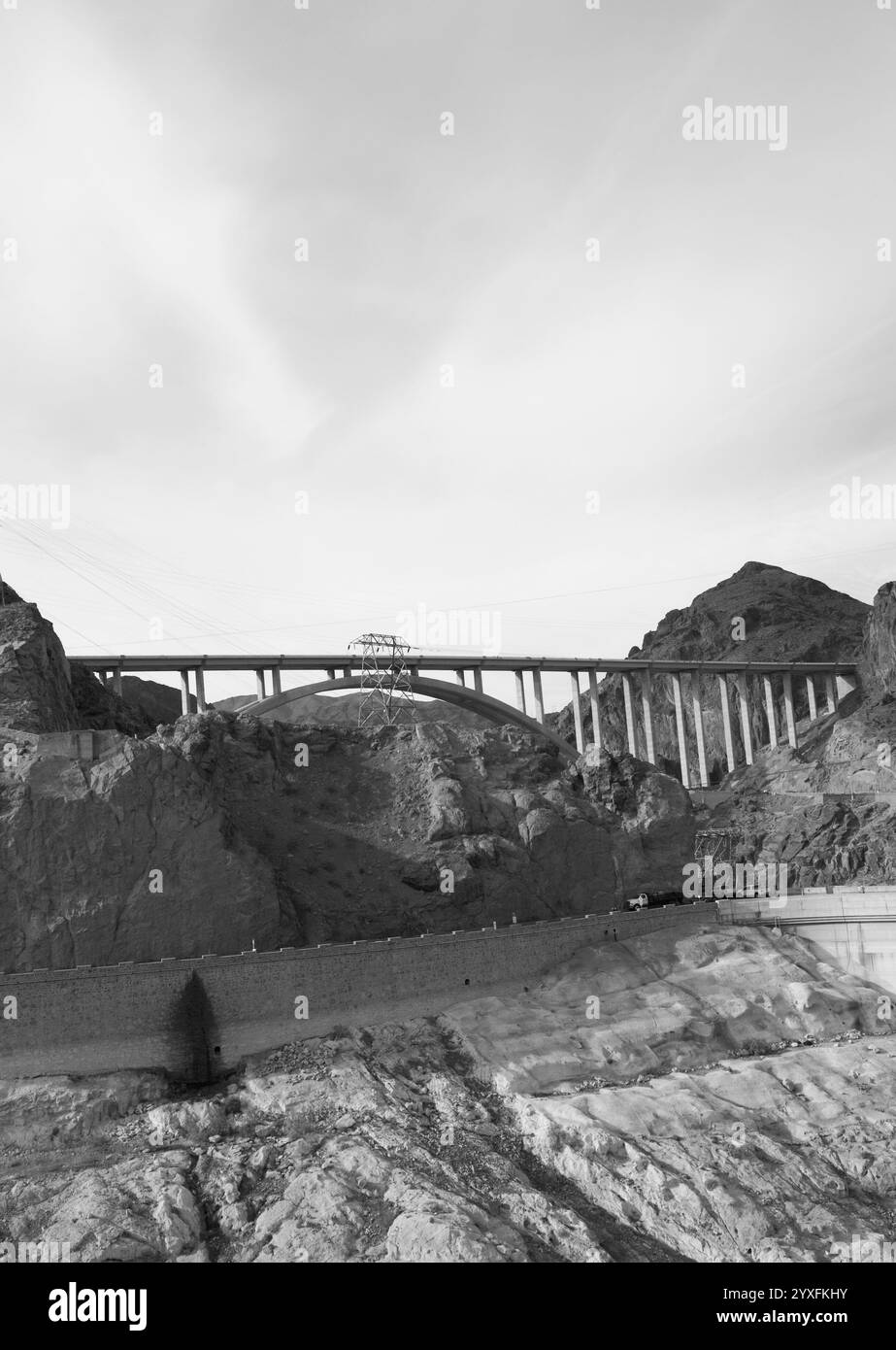 New bridge on steep cliff across Colorado River at Hoover Dam located ...