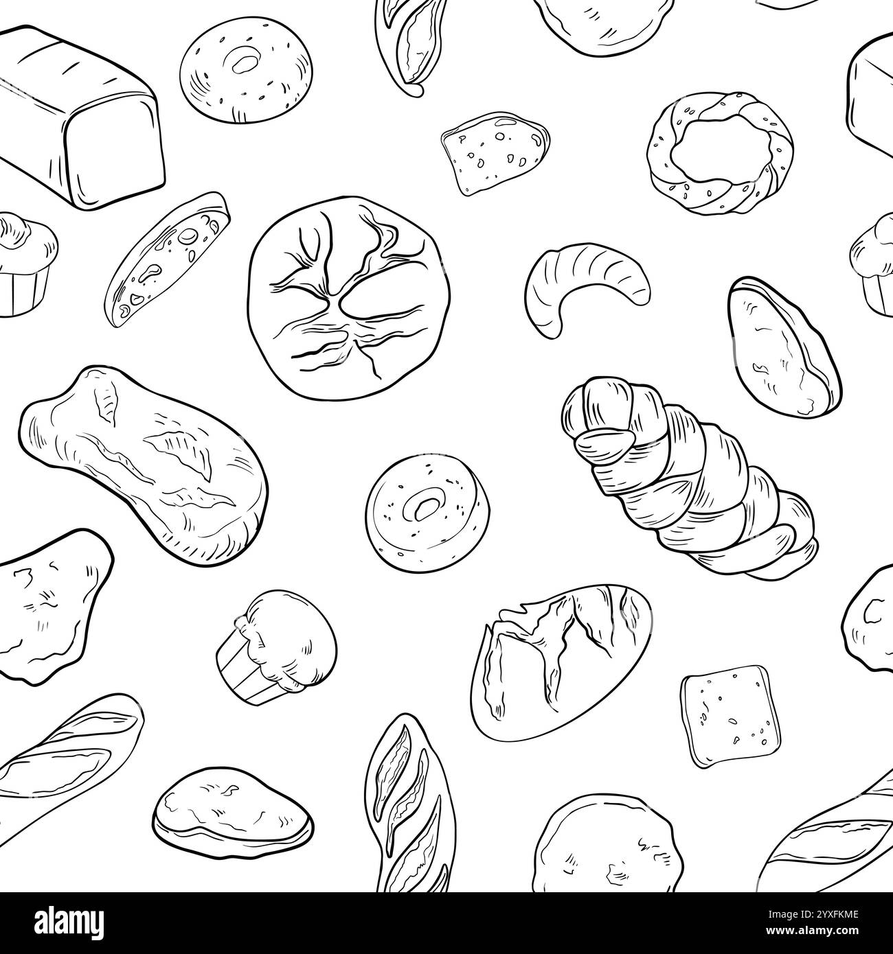 Assorted kind of bread black white vector seamless pattern. Loaf bread ...