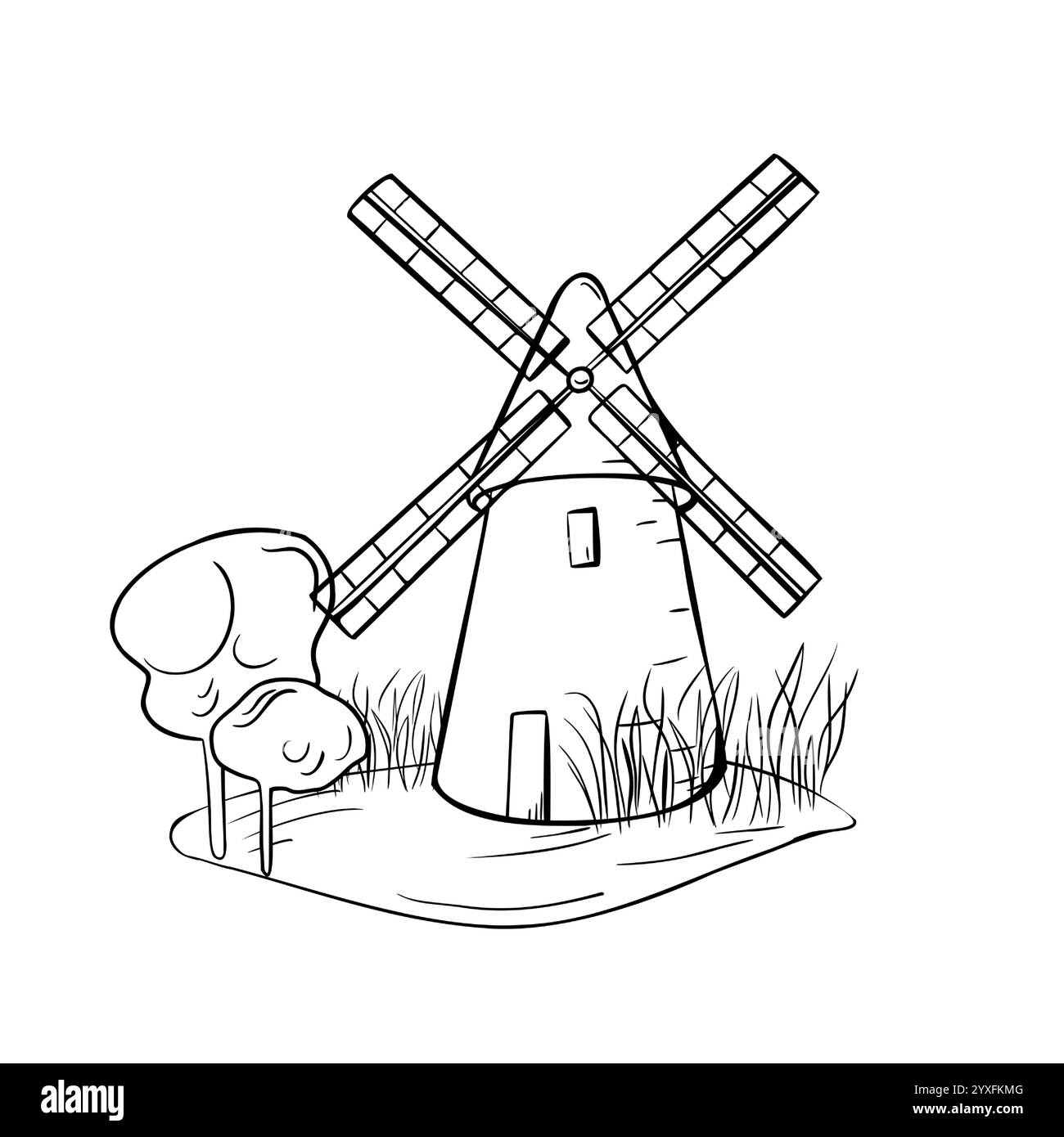 Rustic landscape of windmill, trees and grass black white vector ...