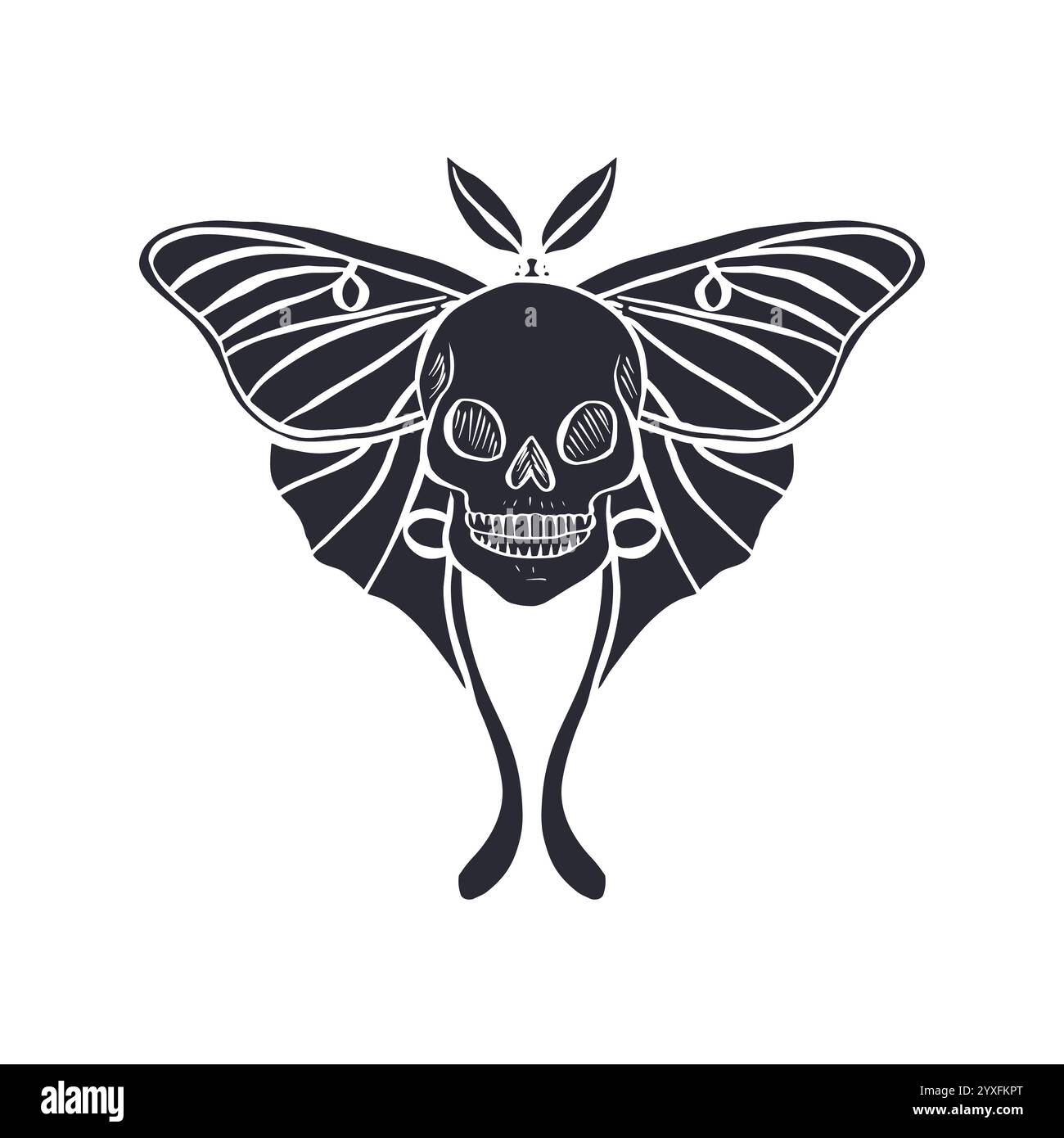 Hand drawn black silhouette of human skull with luna moth wings ...