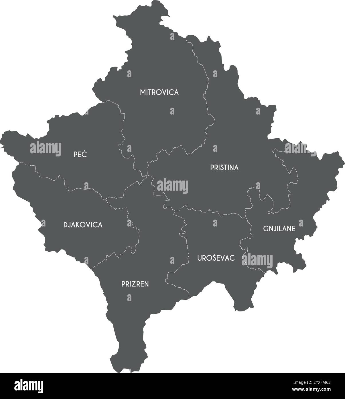 Vector regional map of Kosovo with districts and administrative ...