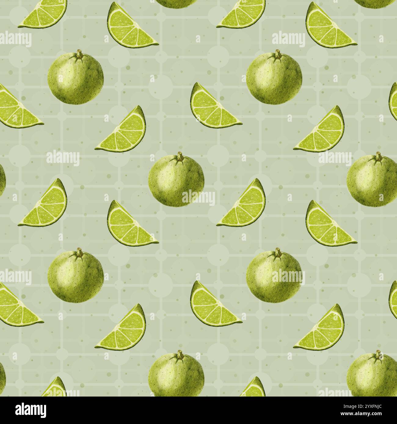 Watercolor pattern with lime. Seamless pattern with green citrus lime. Slice of lime, round ...
