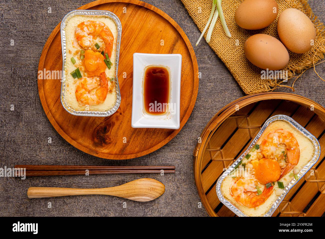 steam egg with salted egg and shrimp. Steam egg made by Eggs are beaten ...