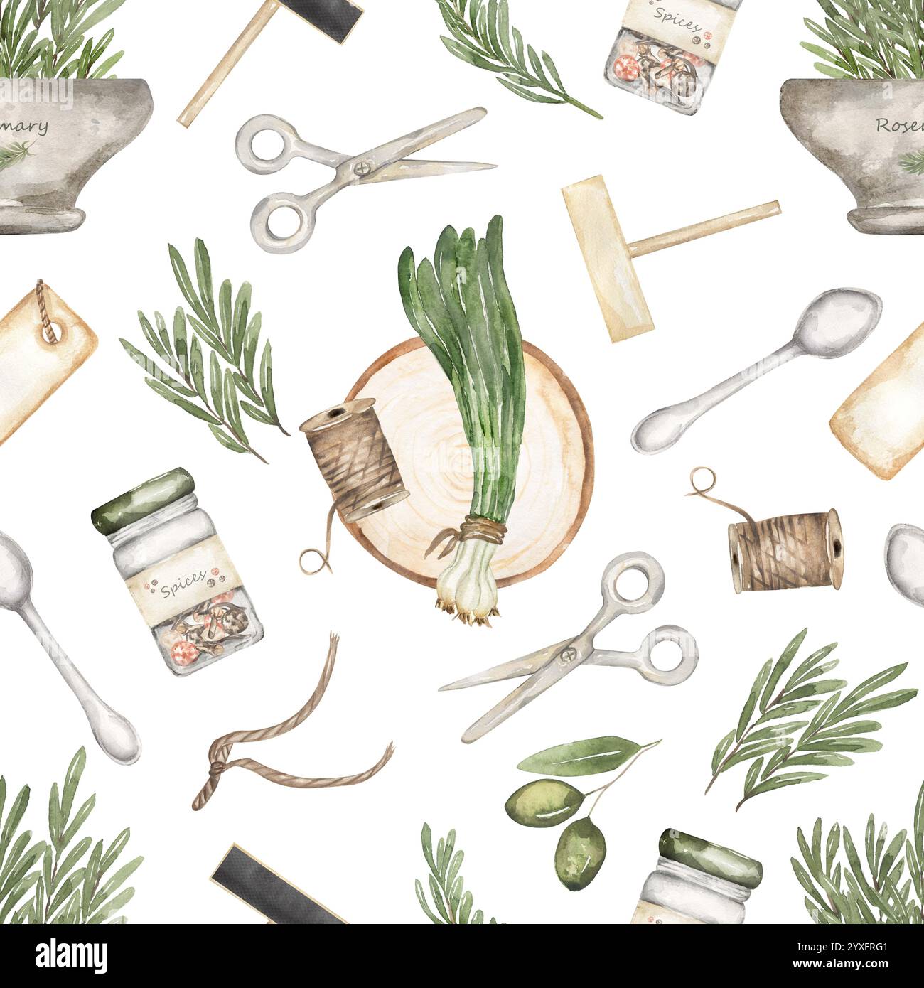 watercolor spices, herbs and utensils seamless pattern, condiment ...