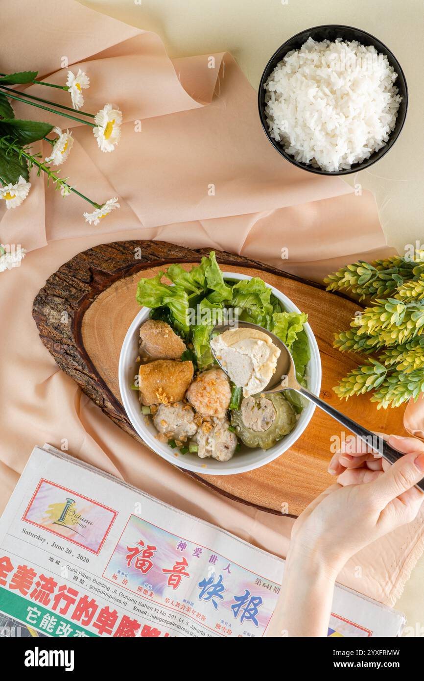 Tofu filled with ground meat mixture or fish paste hi-res stock ...