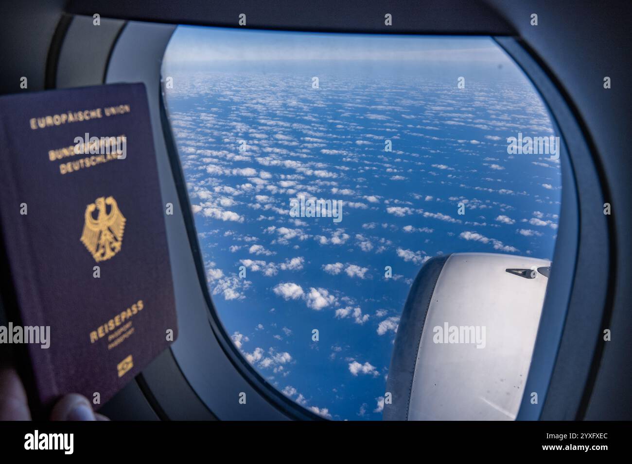 European German allemand passport holding in hand on an airplane ...