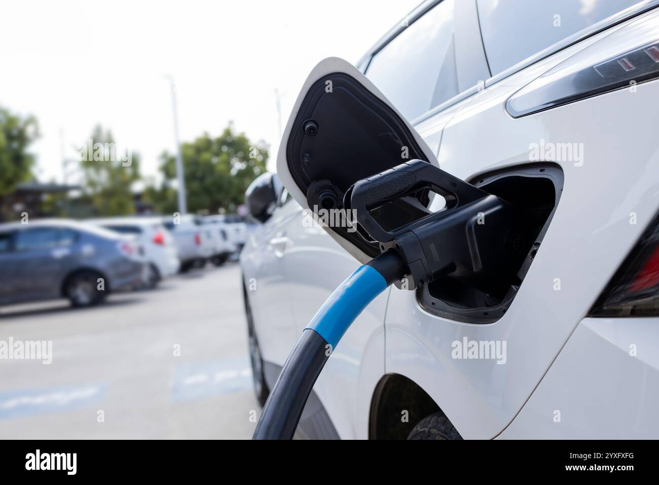 Close-up of an electric vehicle plugged in at a charging station ...