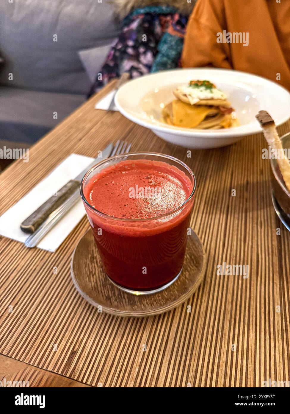 Healthy red detox beet smoothie for breakfast at the restaurant. Ready ...