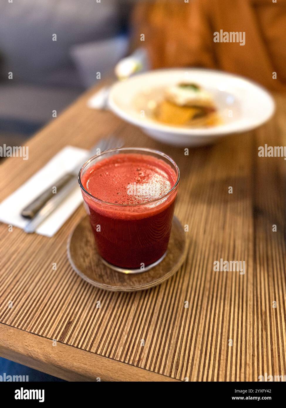 Healthy red detox beet smoothie for breakfast at the restaurant. Ready ...