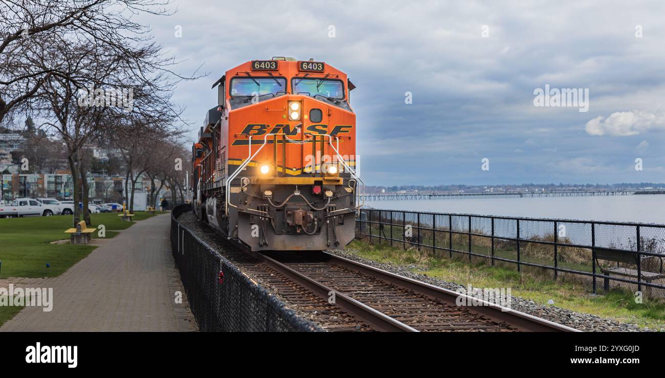 Burlington Northern Santa Fe. BNSF locomotive train passing through British Columbia White Rock ...