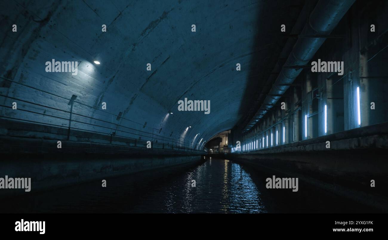Deep blue industrial concrete tunnel perspective, part of abandoned ...