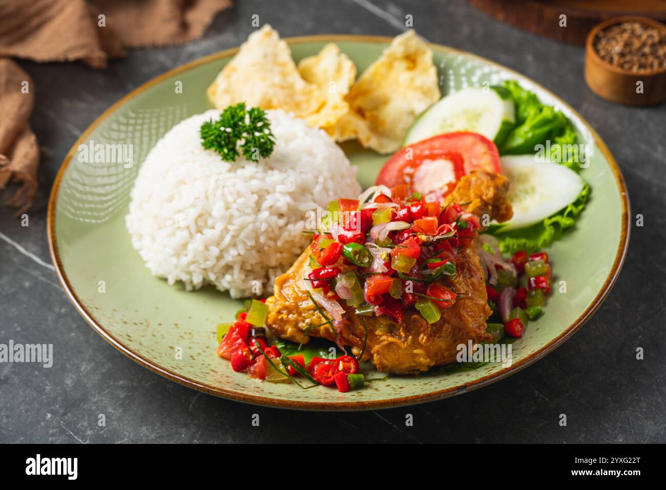 Nasi Ayam Geprek is Indonesian Food crispy fried chicken with hot and spicy sambal bawang ...