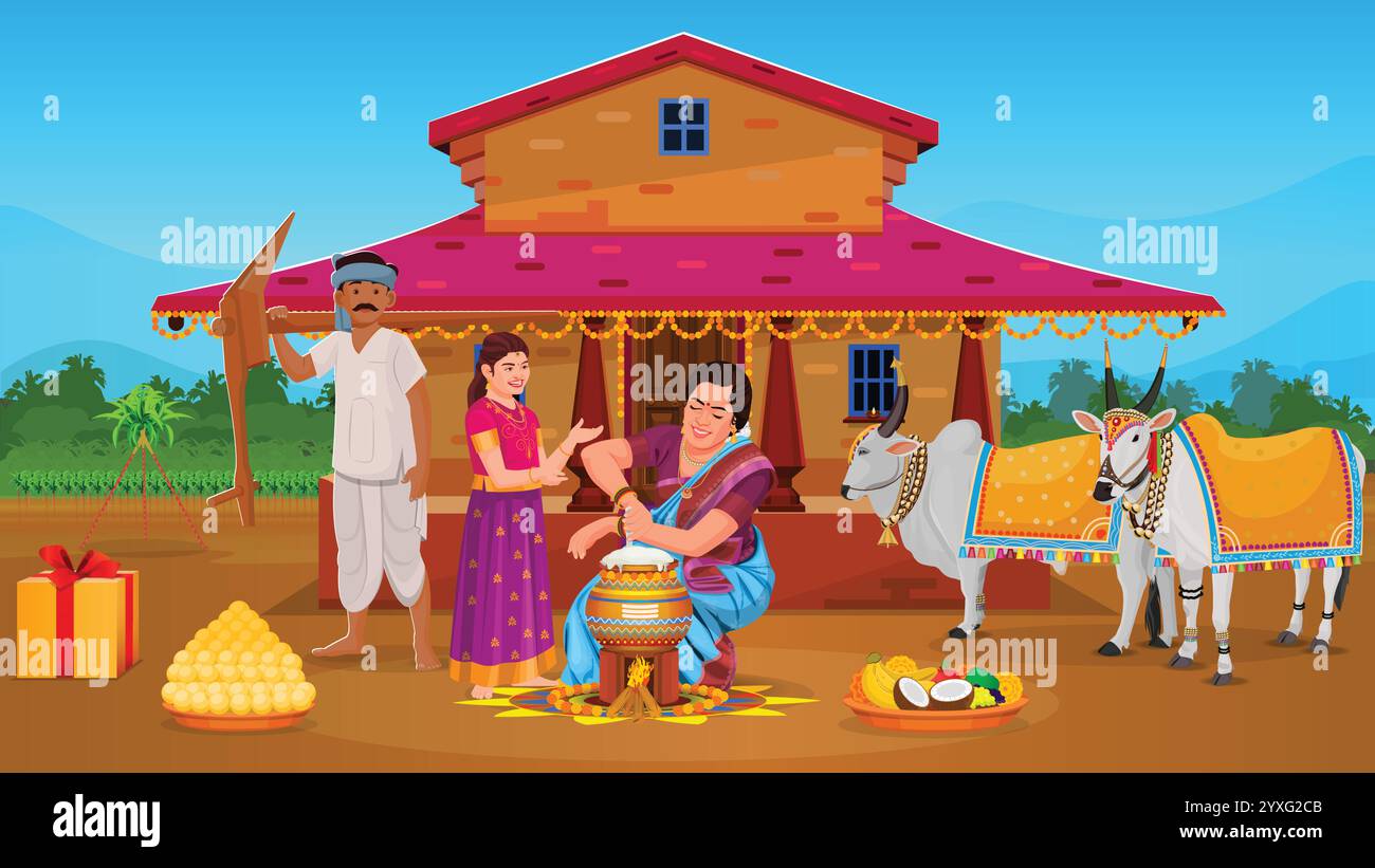 Happy Pongal Harvest Festival of Tamil Nadu Family making Pongal Stock ...