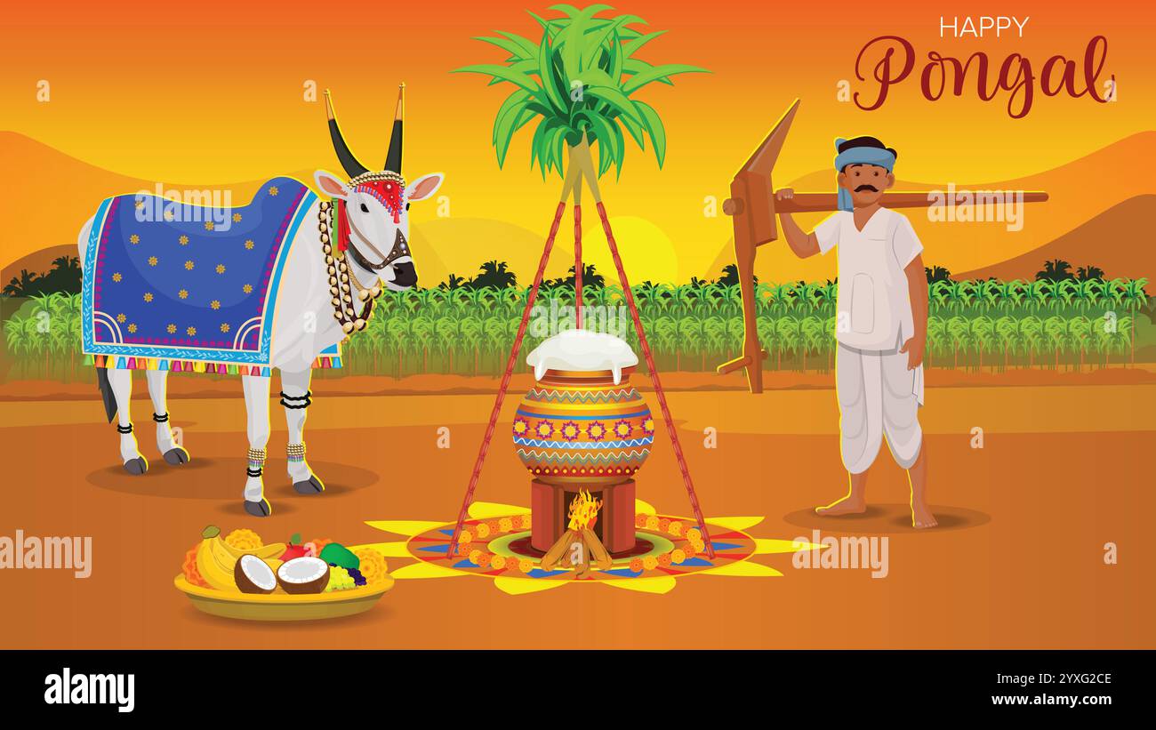 Happy Pongal Harvest Festival of Tamil Nadu Family making Pongal ...