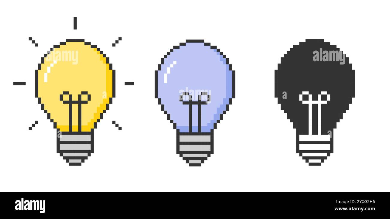 Set of pixel art light bulbs. Energy and thinking sign on white background. Vector illustration ...