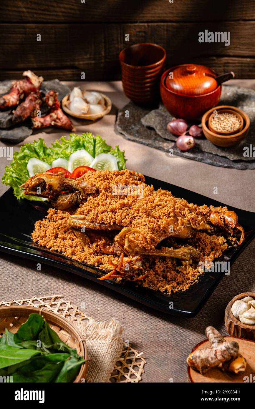 Ayam Kampung Goreng kremes. Traditional fried chicken with spice crumbs ...