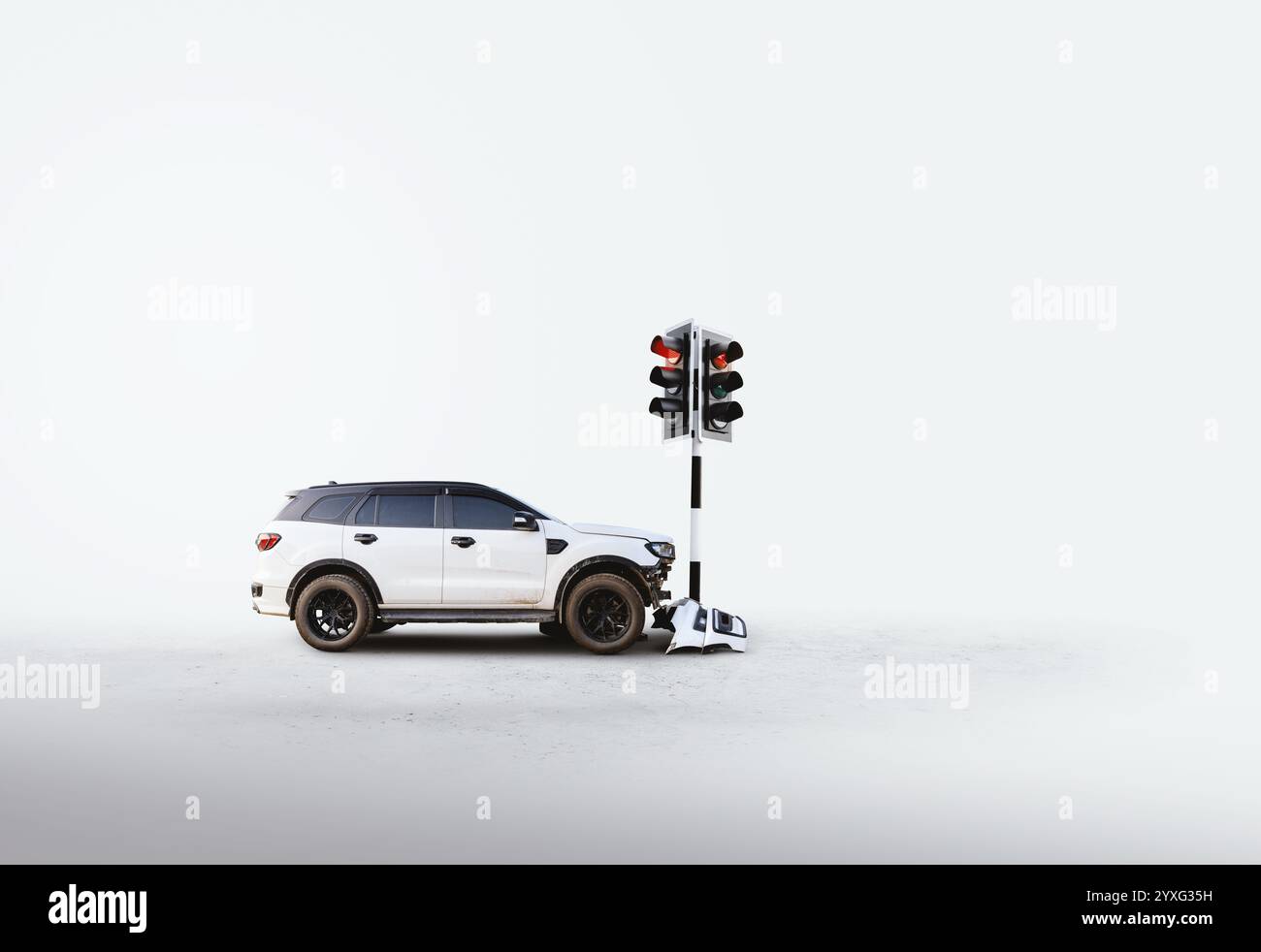 Minimalist Scene of White Car Crash Due to Traffic Light Violation ...