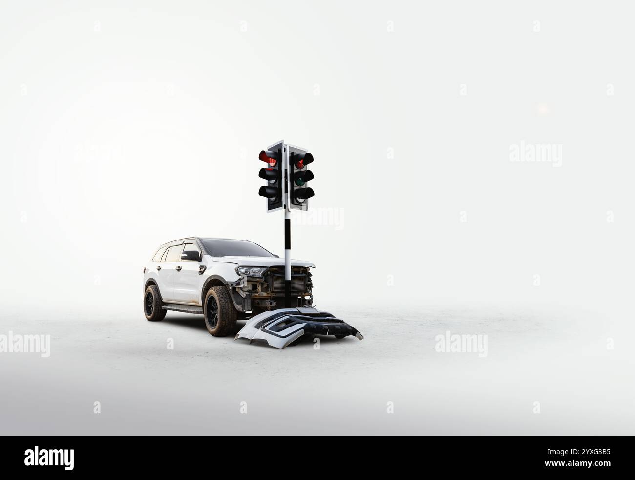Minimalist Scene of White Car Crash Due to Traffic Light Violation ...