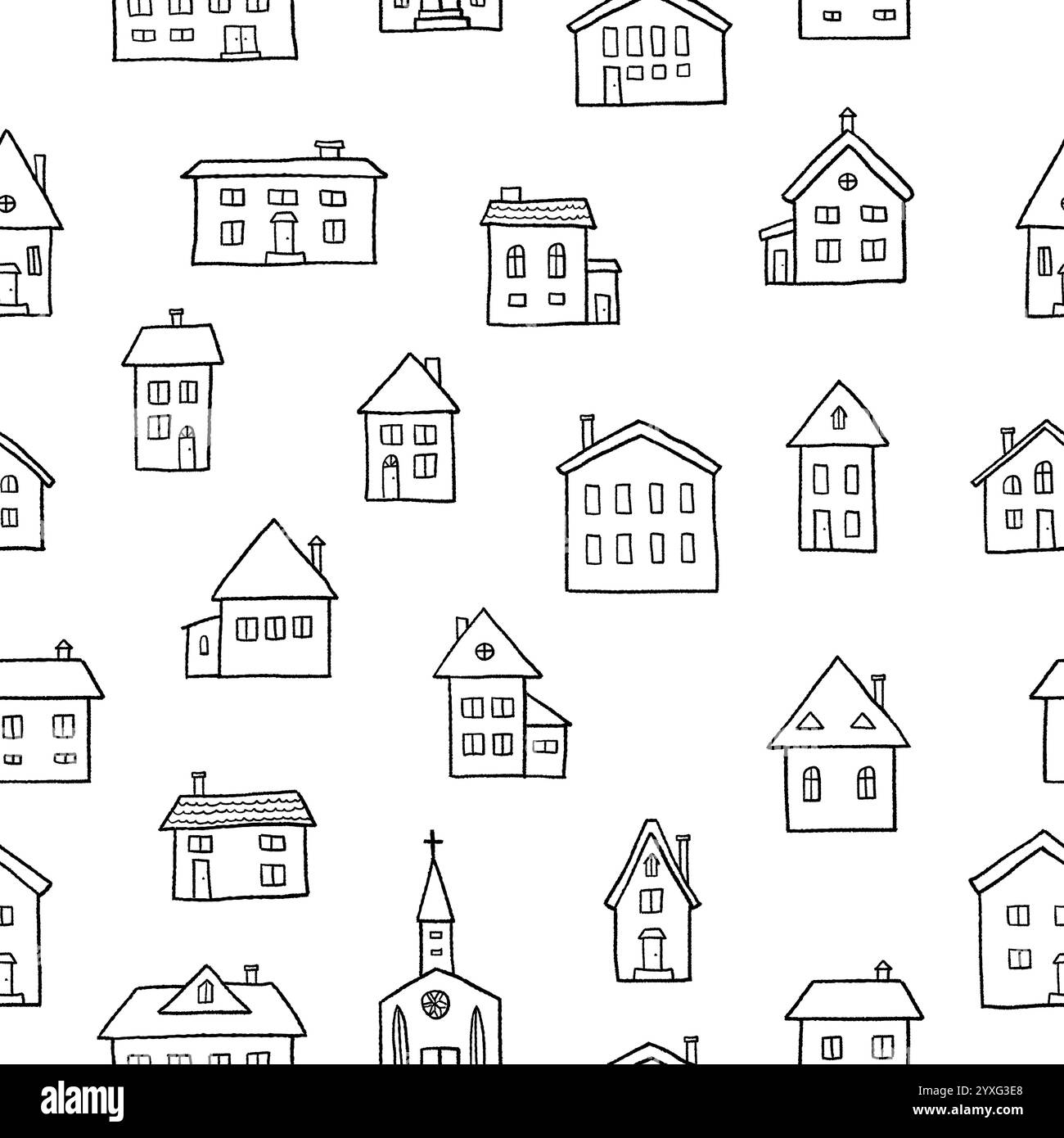 Doodle cartoon style home seamless pattern. Hand drawn black white ...