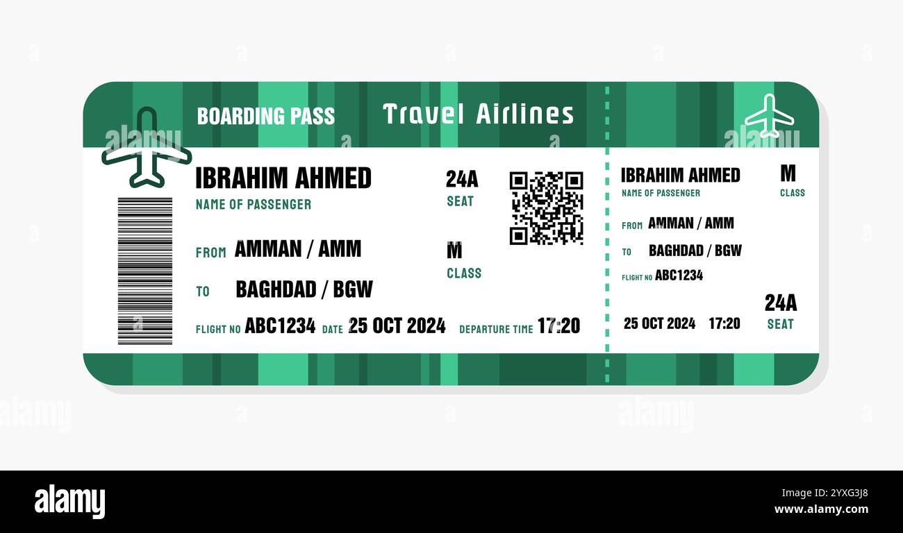 Ticket to Baghdad, Iraq. Boarding pass template with generic data ...