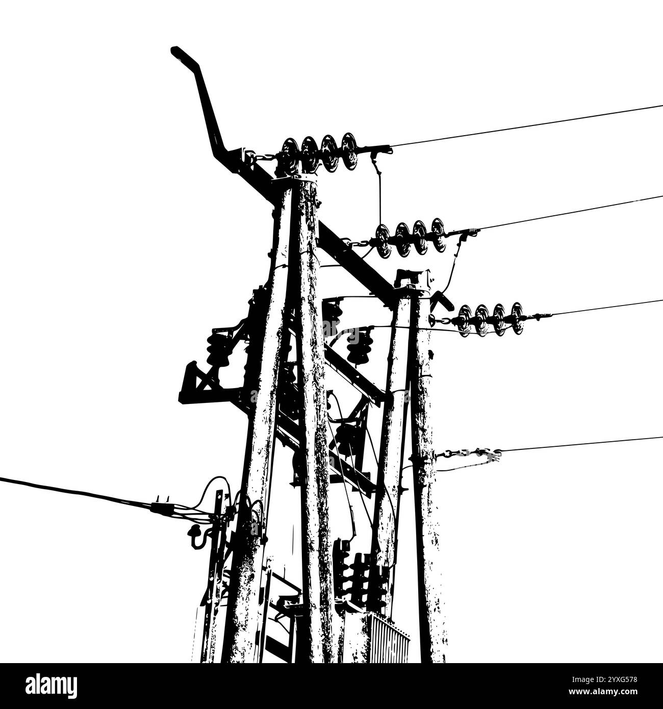 Black white utility pole silhouette. Isolated graphics of electric ...