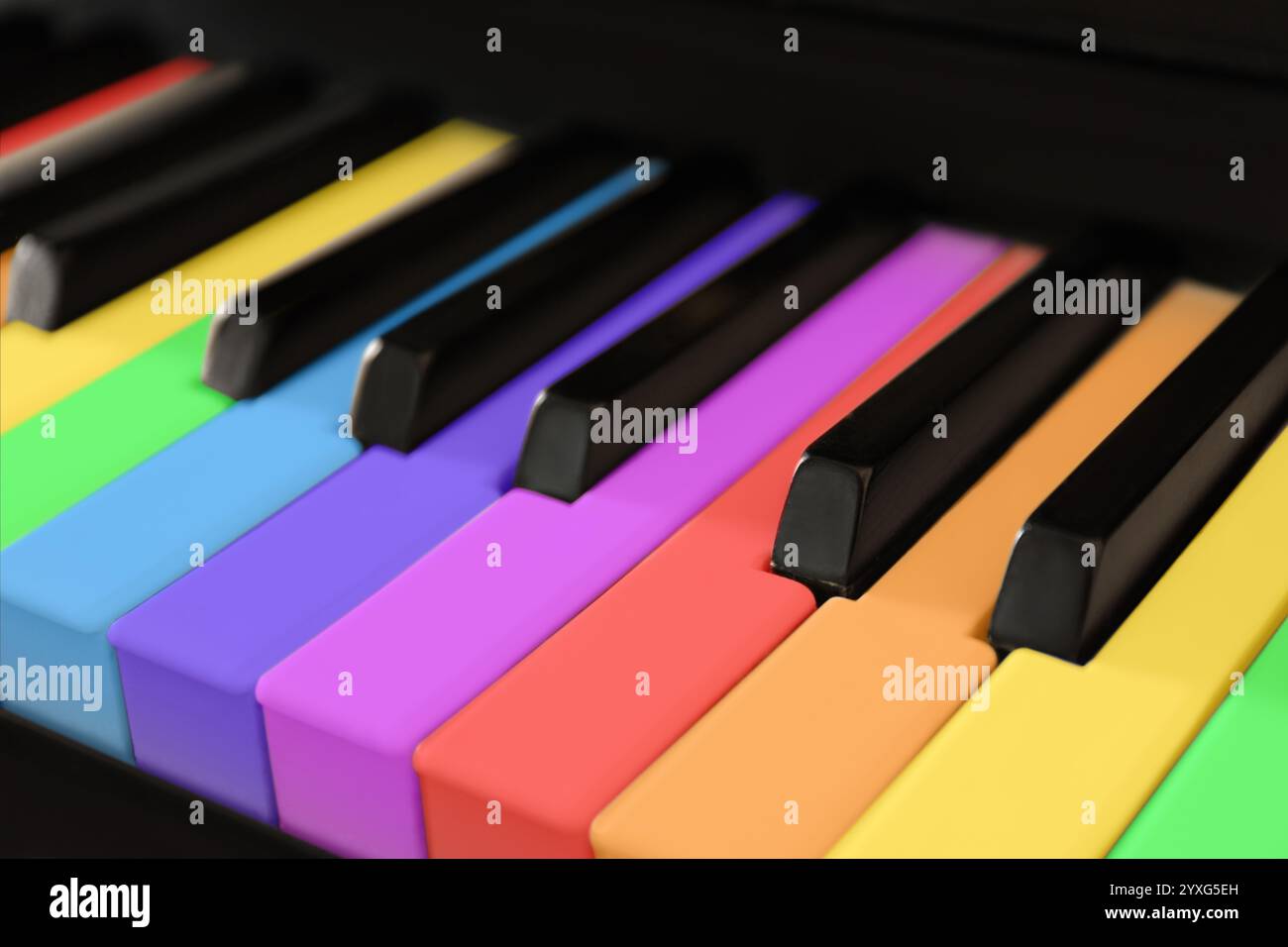 Piano with keys in colors of rainbow, closeup. Musical instrument Stock ...