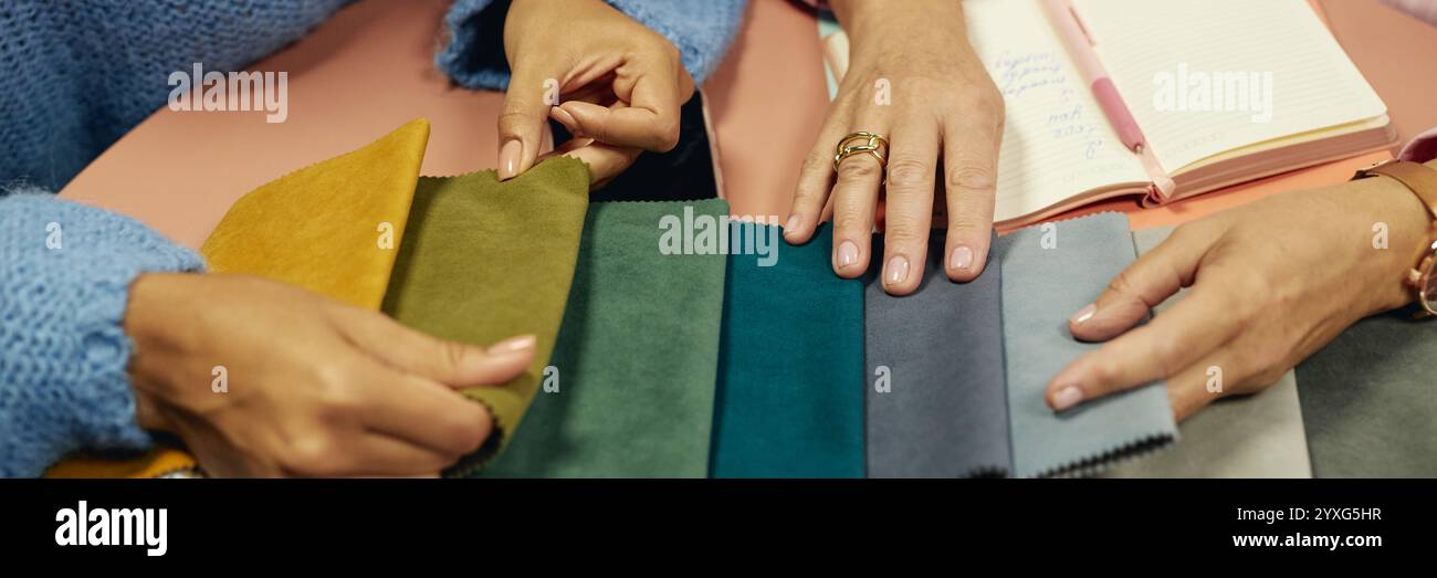 Website header shot two female designers choosing fabric colors among ...