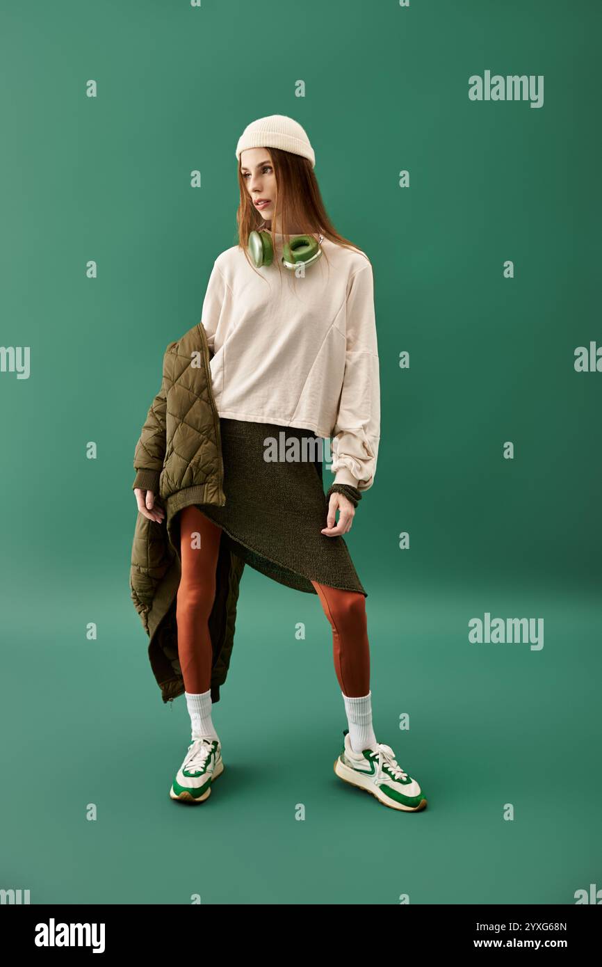 Confident young woman in a stylish outfit poses against a green ...