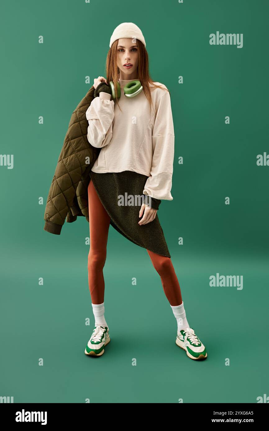 A young woman poses confidently in a stylish outfit while reflecting ...