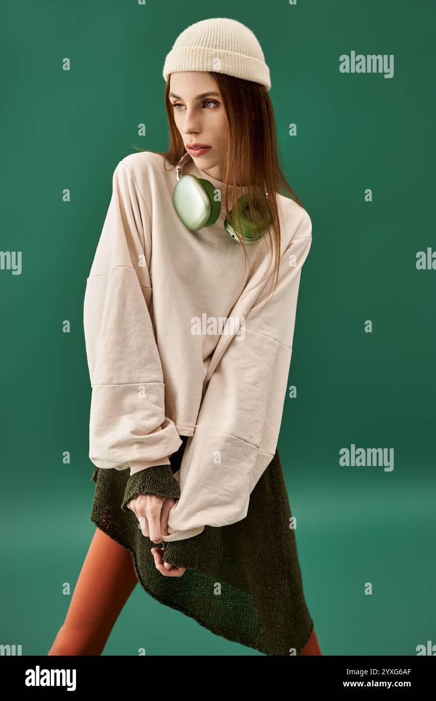 A young woman wearing oversized clothing poignantly showcases her ...