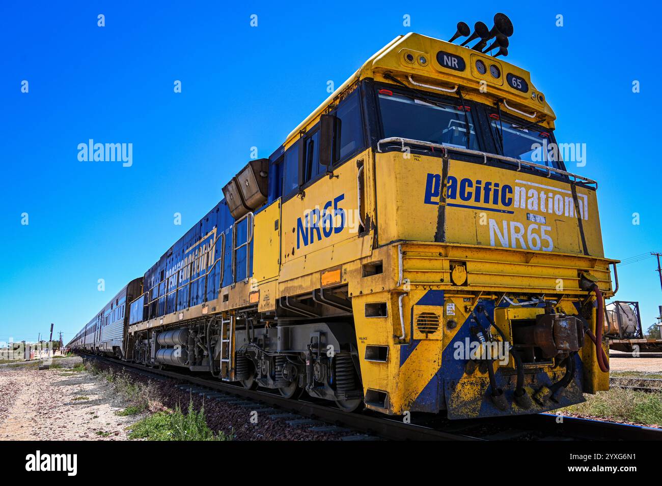 Cook, Australia--Nov 18, 2024. A wide-angle photo of the locomotive in ...