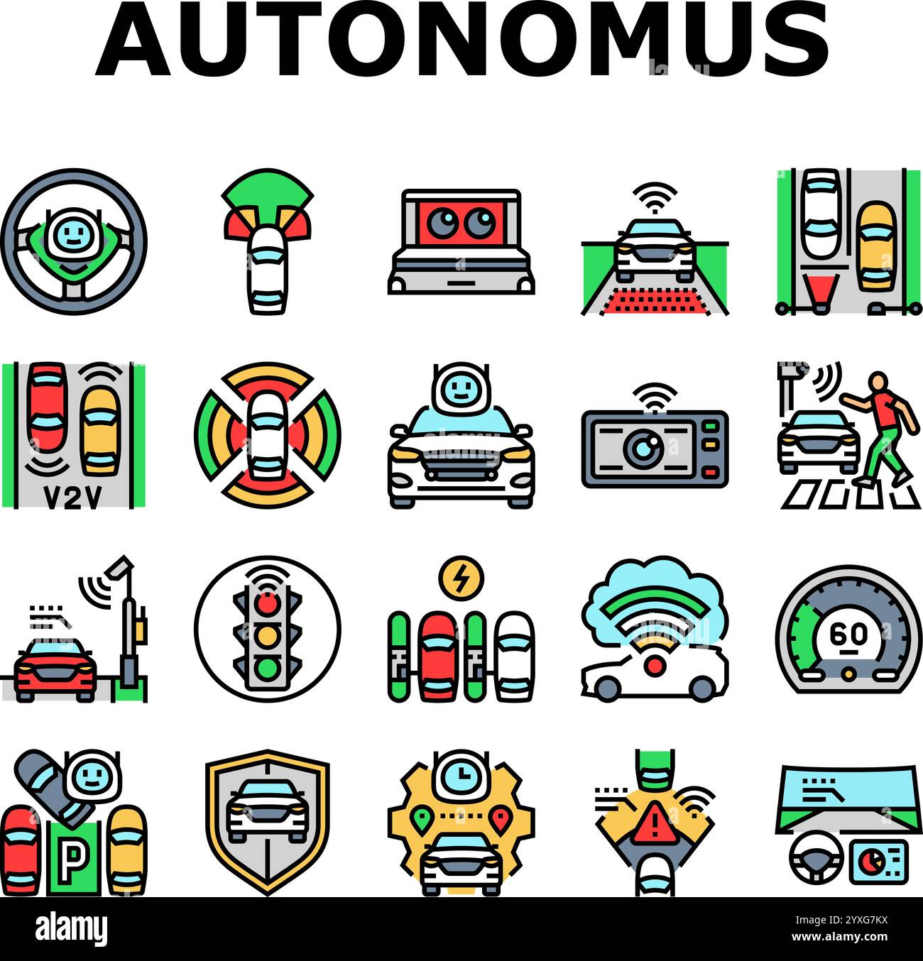 autonomous vehicle self driving icons set vector Stock Vector Image ...