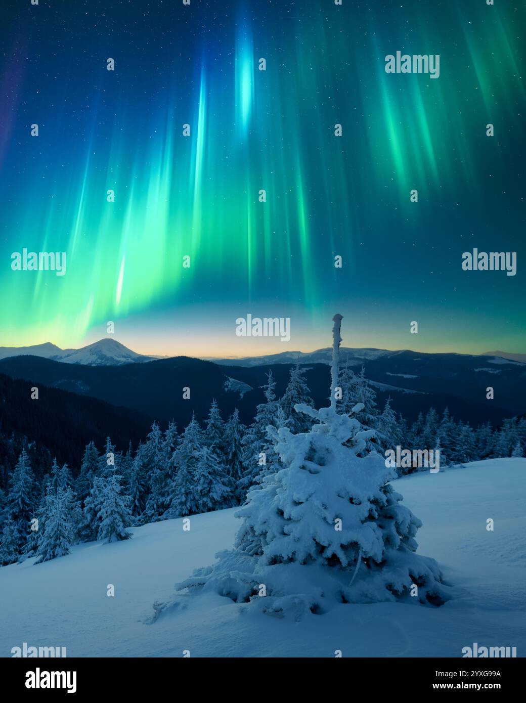 Fairy Christmas scene with Northern lights in winter mountains ...