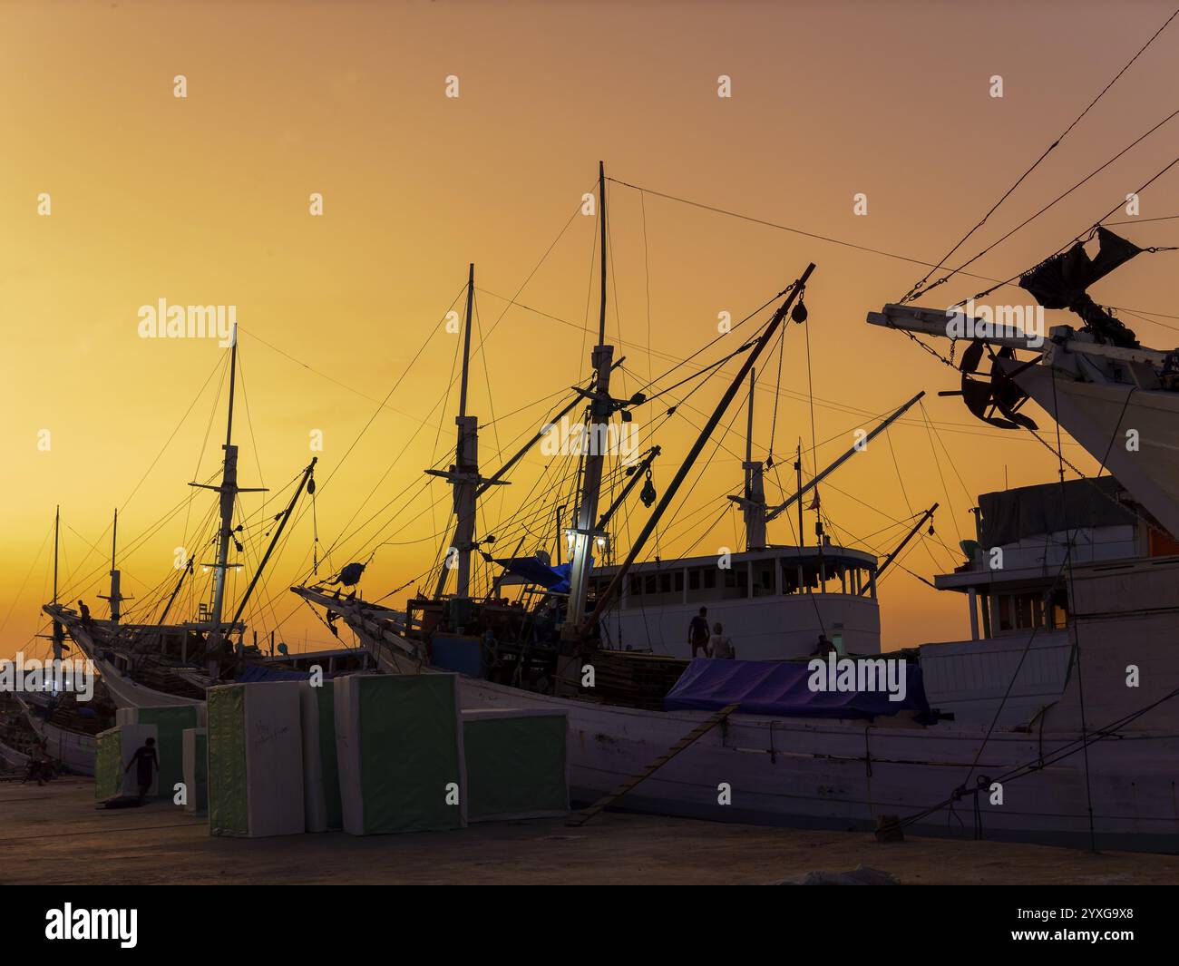 Old wooden ships, schooners and sailing ships, sunset, harbour of ...