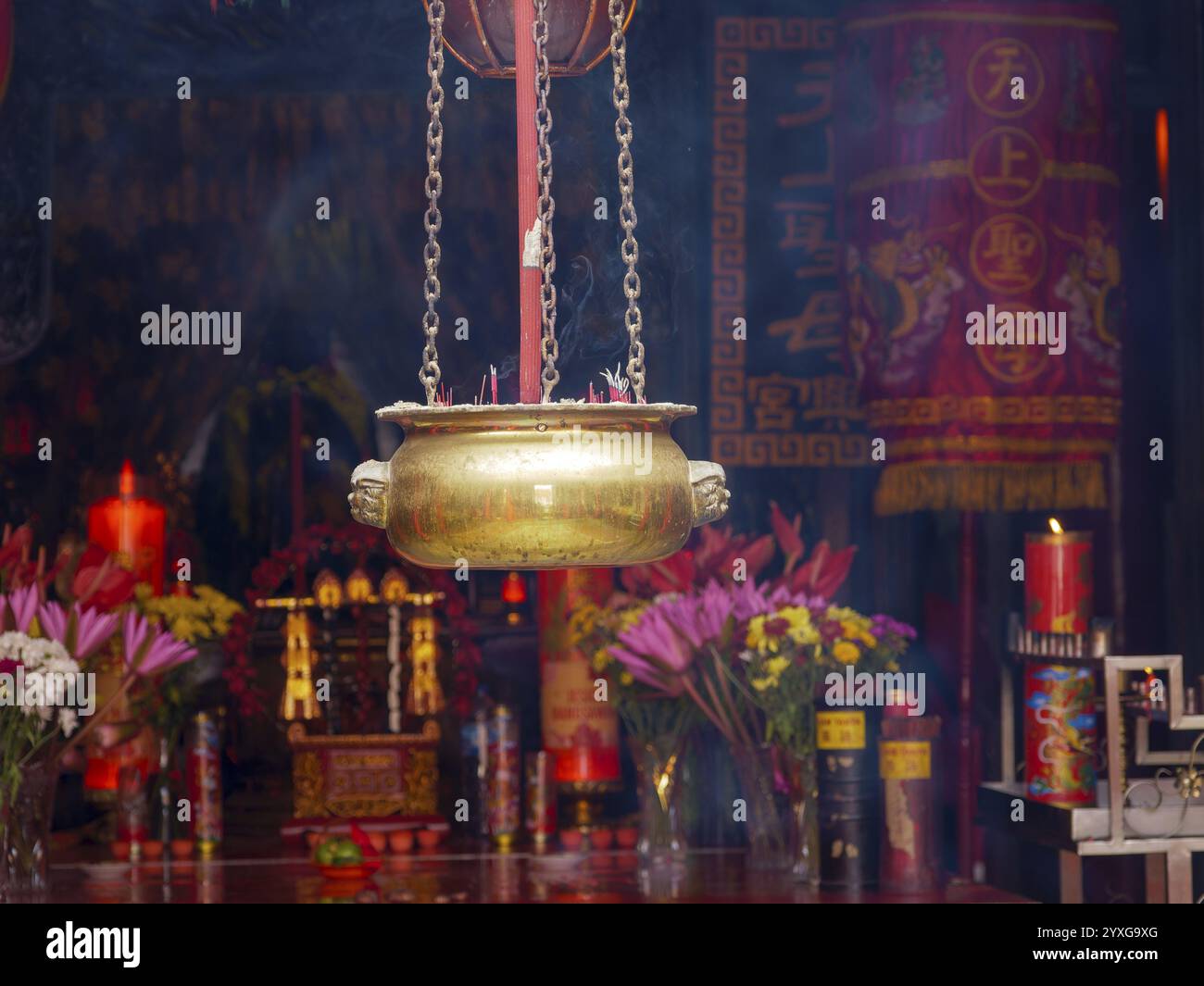 Chinese temple, smoke and brass bowl, Ban Hin Kiong Temple, Manado ...