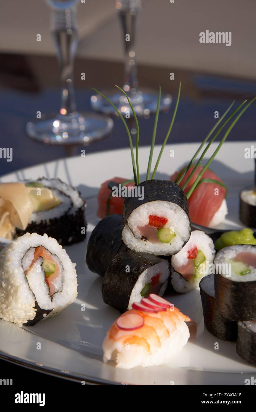 Elegant Sushi Platter With Champagne in a Relaxing Outdoor Setting ...