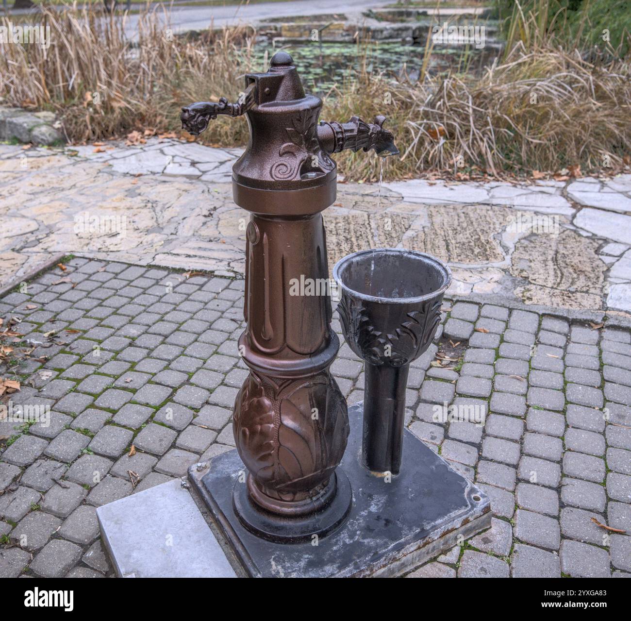 A vintage metal water pump with ornate details, standing on a stone ...